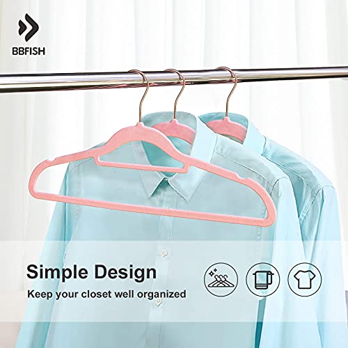 BBFISH Premium Velvet Hangers Home Non-Slip Clothes Hanger 50 Pack Ultra Thin Space Saving with 360° Swivel Rose Gold Hook Strong and Durable Coat Hangers (Pink)