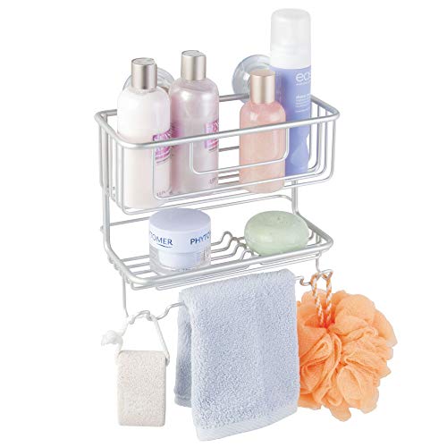 iDesign Metro Rustproof Aluminum Turn-N-Lock Suction, Bathroom Shower Combo Basket for Shampoo, Conditioner, Soap - 2 Tiers, Silver