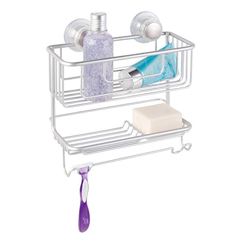 iDesign Metro Rustproof Aluminum Turn-N-Lock Suction, Bathroom Shower Combo Basket for Shampoo, Conditioner, Soap - 2 Tiers, Silver