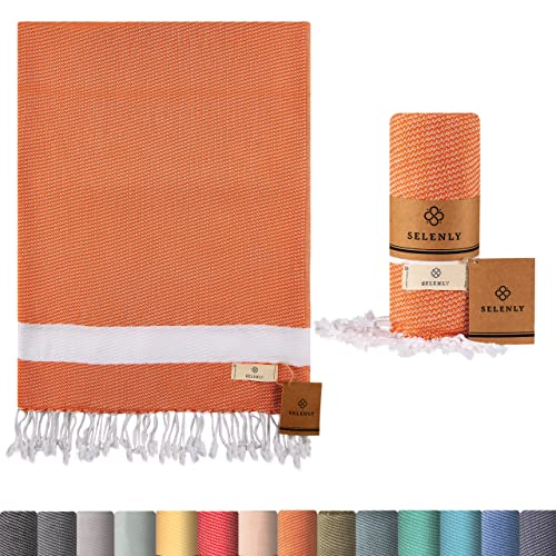 Selenly Turkish Beach Towel, 100% Cotton Pre-Washed Quick Dry 37x71 Inches Peshtemal Bath Towel for Beach, Bathroom, Pool, SPA, Gym, Yoga - Soft and Absorbent Beach Blanket (Orange)