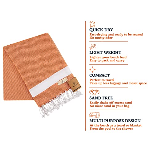 Selenly Turkish Beach Towel, 100% Cotton Pre-Washed Quick Dry 37x71 Inches Peshtemal Bath Towel for Beach, Bathroom, Pool, SPA, Gym, Yoga - Soft and Absorbent Beach Blanket (Orange)