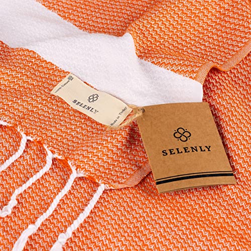 Selenly Turkish Beach Towel, 100% Cotton Pre-Washed Quick Dry 37x71 Inches Peshtemal Bath Towel for Beach, Bathroom, Pool, SPA, Gym, Yoga - Soft and Absorbent Beach Blanket (Orange)