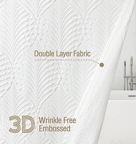 Gibelle White Shower Curtain for Bathroom, 3D Embossed Textured Fabric Shower Curtain, Modern Farmhouse Chic Soft Cloth Shower Curtain Set with Hooks, 72x72