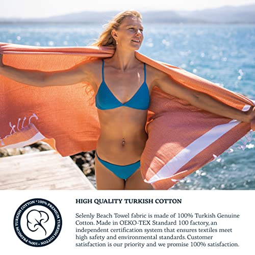 Selenly Turkish Beach Towel, 100% Cotton Pre-Washed Quick Dry 37x71 Inches Peshtemal Bath Towel for Beach, Bathroom, Pool, SPA, Gym, Yoga - Soft and Absorbent Beach Blanket (Orange)