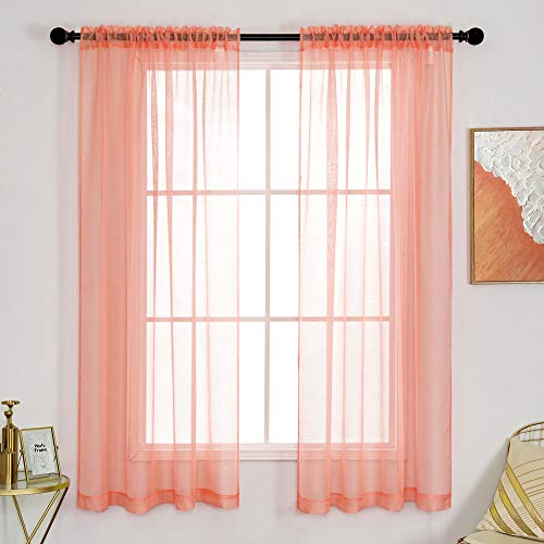DUALIFE Coral Sheer Curtains for Living Room 63 Inch Length Textured Solid Voile Sheer Curtain Panels/Drapes for Girls Bedroom Set of 2 Panels Rod Pocket Top 52 x 63 Inch