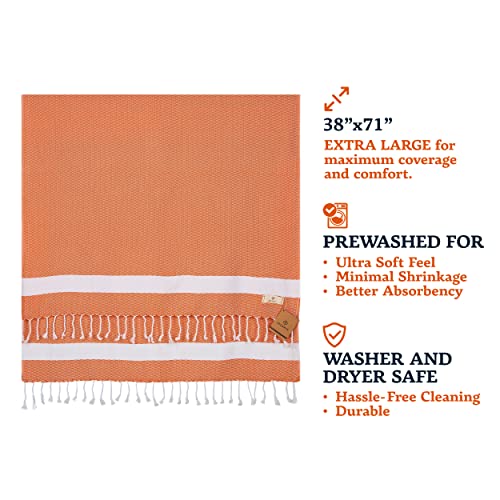Selenly Turkish Beach Towel, 100% Cotton Pre-Washed Quick Dry 37x71 Inches Peshtemal Bath Towel for Beach, Bathroom, Pool, SPA, Gym, Yoga - Soft and Absorbent Beach Blanket (Orange)