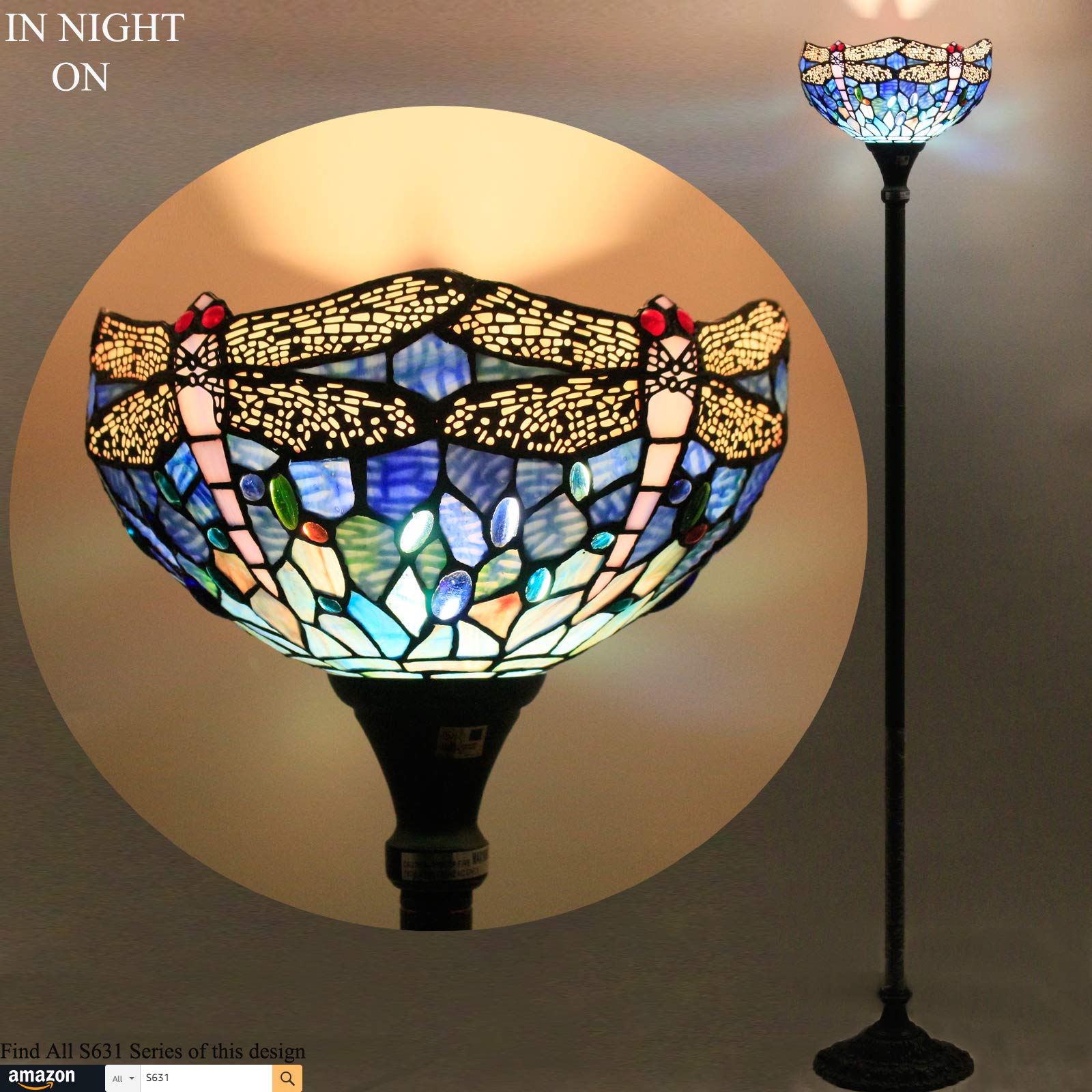 WERFACTORY Tiffany Floor Lamp Sea Blue Stained Glass Dragonfly Light 12X12X66 Inches Pole Torchiere Standing Corner Torch Uplight Decor Bedroom Living Room Home Office S631 Series