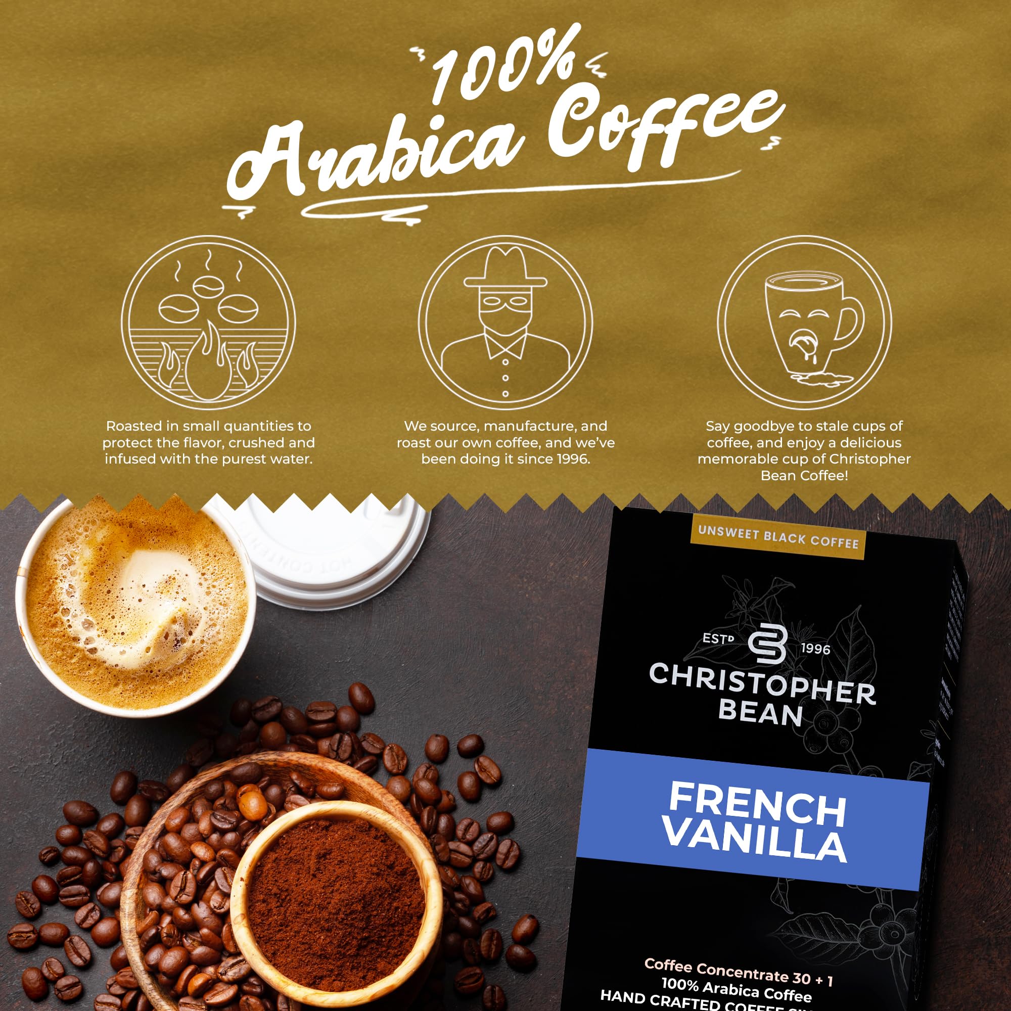 Christopher Bean Coffee - 396 servings, 30 to 1 Blend Bag in Box Liquid Instant Coffee or Cold Brew Coffee Concentrate - Hot or Iced Coffee - French Vanilla