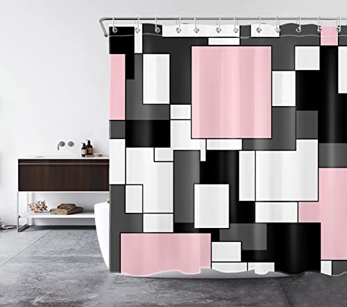 Modern Pink Shower Curtain for Bathroom, Grey Black and White Abstract Mid Century Minimalist Geometric Shower Curtains 72X72 inch Polyester Fabric Bathroom Decoration Bath Curtains Hooks Included