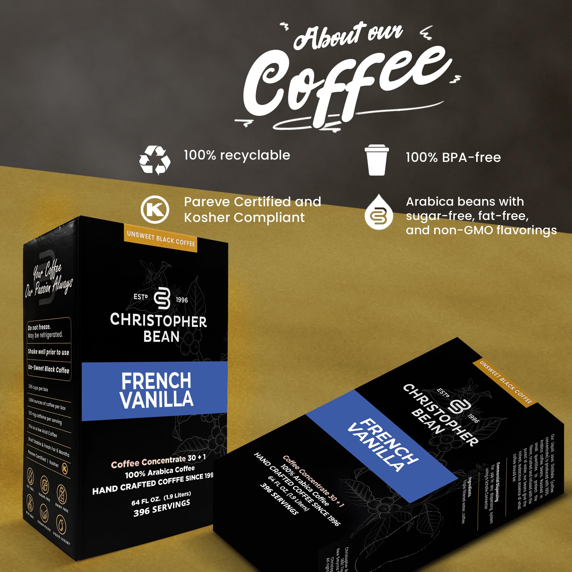 Christopher Bean Coffee - 396 servings, 30 to 1 Blend Bag in Box Liquid Instant Coffee or Cold Brew Coffee Concentrate - Hot or Iced Coffee - French Vanilla