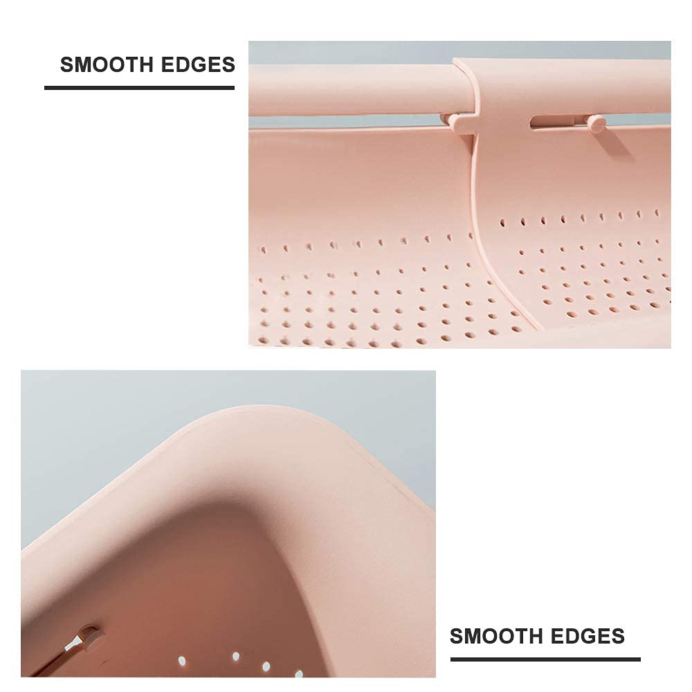 Collapsible Sink Colanders and Strainers Basket Over the Sink Colander Collapsible Colander Extendable Plastic Fruit Vegetable Strainer Drainer Basket for Kitchen(Length 14.3 inch-19.4 inch) (Pink)