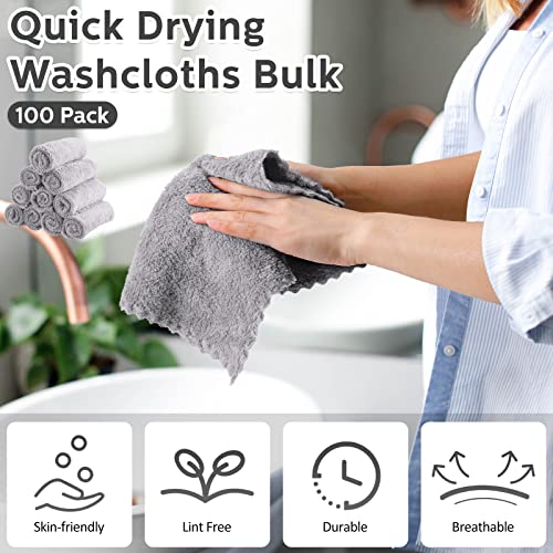 Newwiee 100 Pcs Microfiber Towels Absorbent Washcloths Bulk 12 x 12 Inch Soft Quick Drying Face Towels Bath Cloths Coral Velvet Bathroom Wash Clothes for Bath Spa Facial Fingertip Towel (Grey)