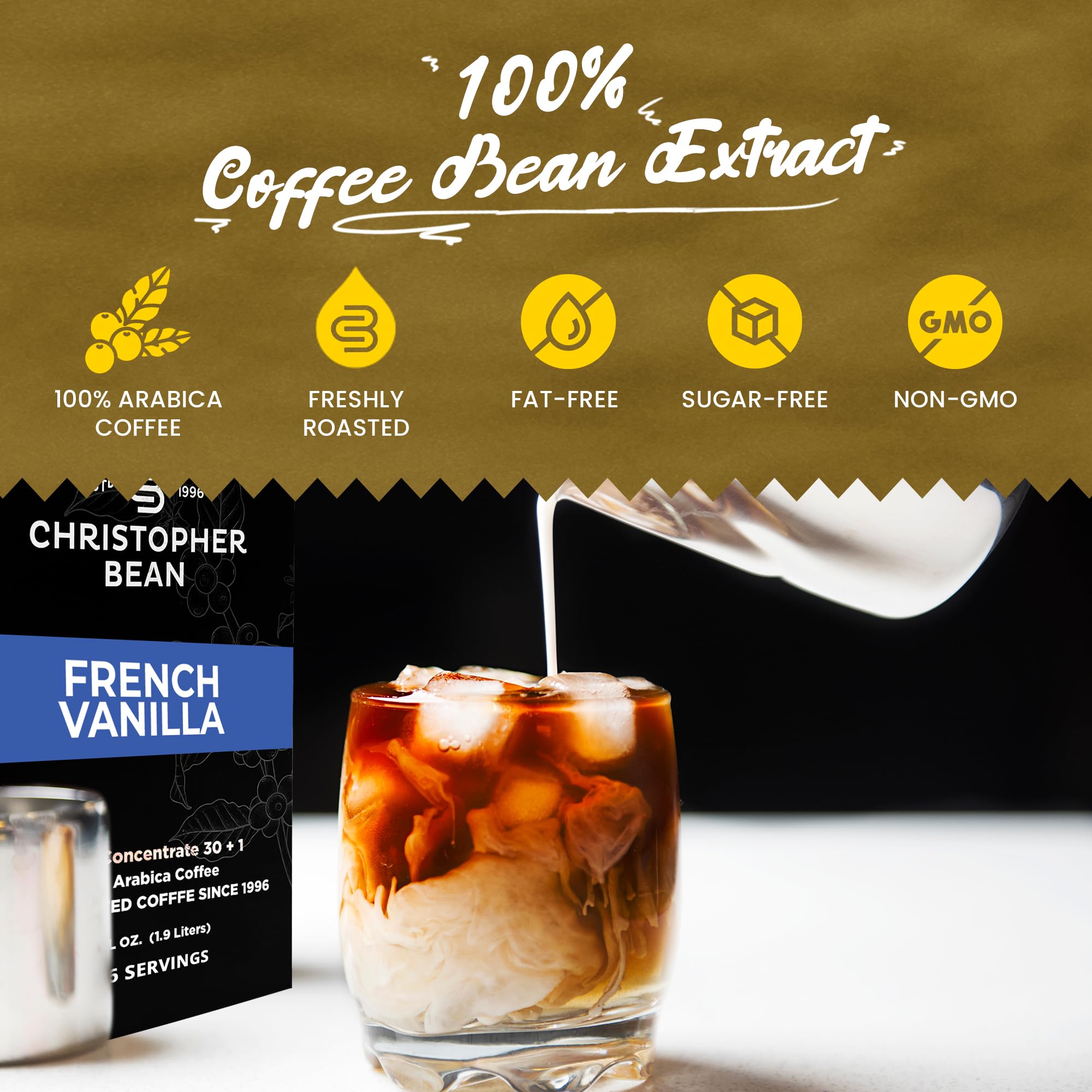 Christopher Bean Coffee - 396 servings, 30 to 1 Blend Bag in Box Liquid Instant Coffee or Cold Brew Coffee Concentrate - Hot or Iced Coffee - French Vanilla