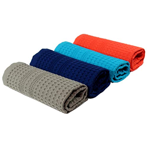 GILDEN TREE Waffle Towel Quick Dry Thin Exfoliating, 4 Pack Washcloths for Face Body, Classic Style (Aqua)
