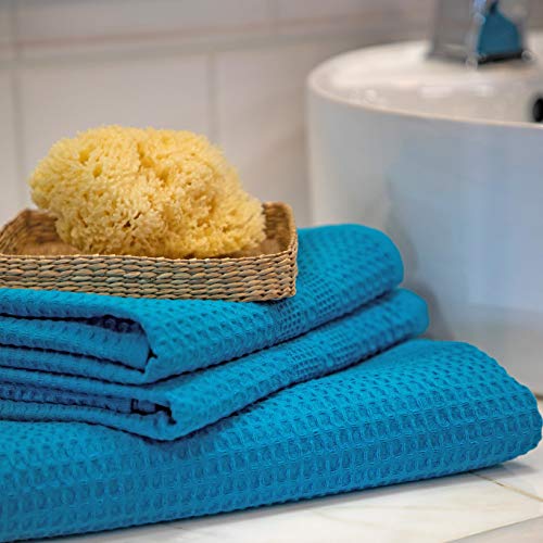 GILDEN TREE Waffle Towel Quick Dry Thin Exfoliating, 4 Pack Washcloths for Face Body, Classic Style (Aqua)