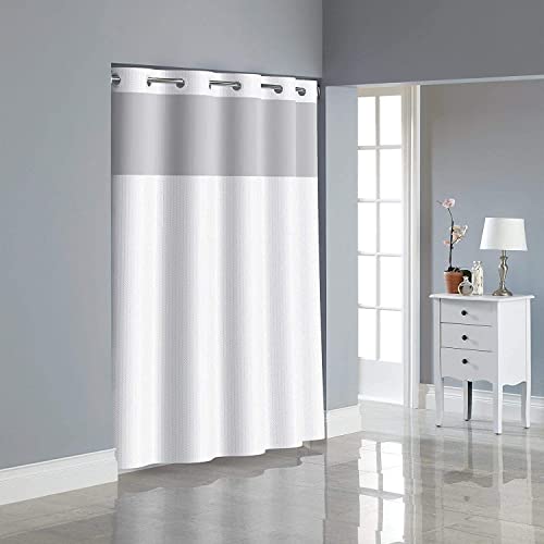 Hookless Dobby Textured Fabric Shower Curtain Set with PEVA Snap-in Liner and Window, No Hooks Required, 71 x 74, White