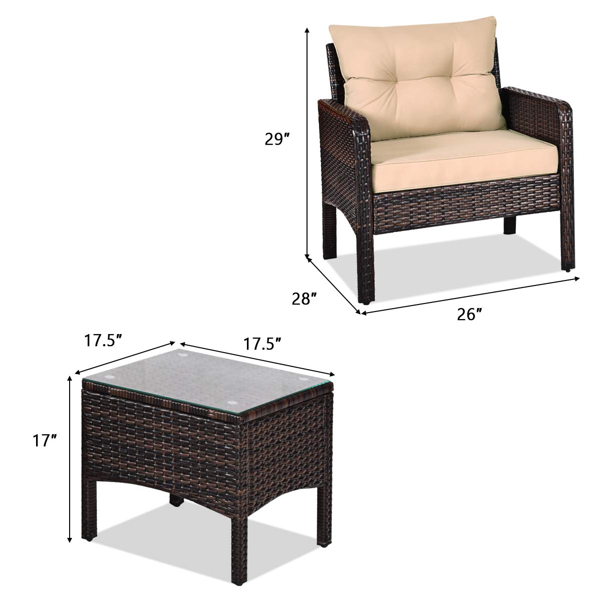 DORTALA 3 Piece Patio Furniture Set, Outdoor Rattan Wicker Conversation Set with Cushions, Glass Top Coffee Table for Garden Balcony Poolside, Brown