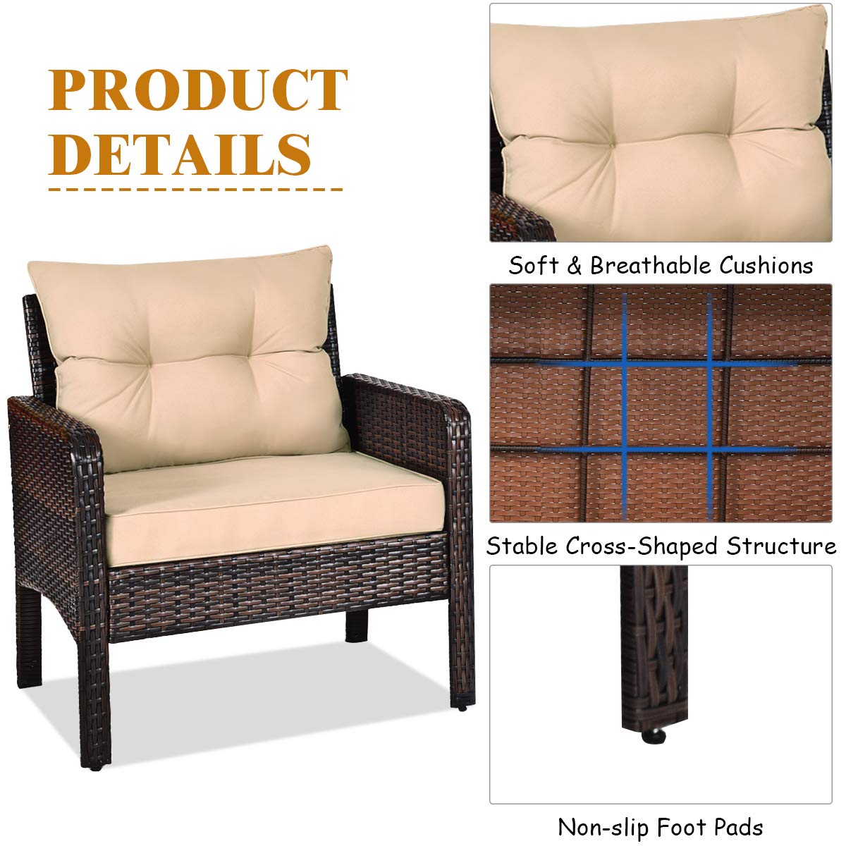 DORTALA 3 Piece Patio Furniture Set, Outdoor Rattan Wicker Conversation Set with Cushions, Glass Top Coffee Table for Garden Balcony Poolside, Brown