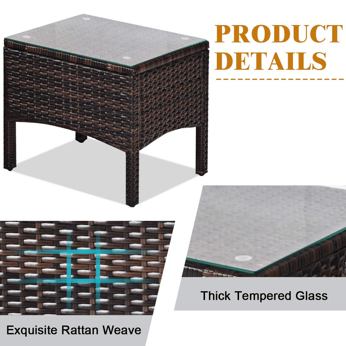 DORTALA 3 Piece Patio Furniture Set, Outdoor Rattan Wicker Conversation Set with Cushions, Glass Top Coffee Table for Garden Balcony Poolside, Brown