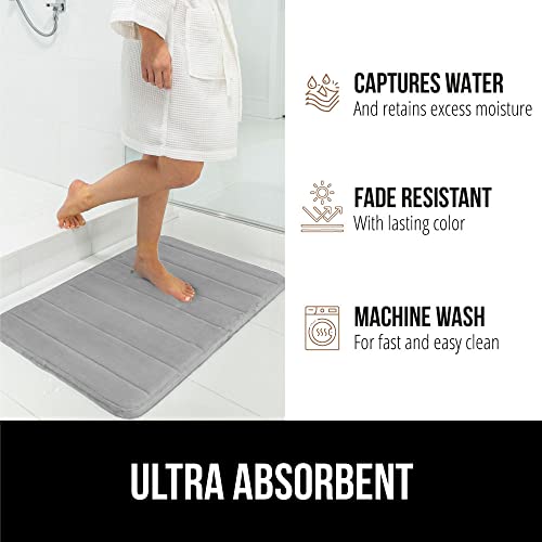 Gorilla Grip Thick Striped Memory Foam Bath Rugs, Soft Absorbent Velvet Bathroom Mats, Dots on Underside, Machine Washable Bathmat, Carpet Rug Room Décor for Shower Floor, 24x17 Mat, Gray