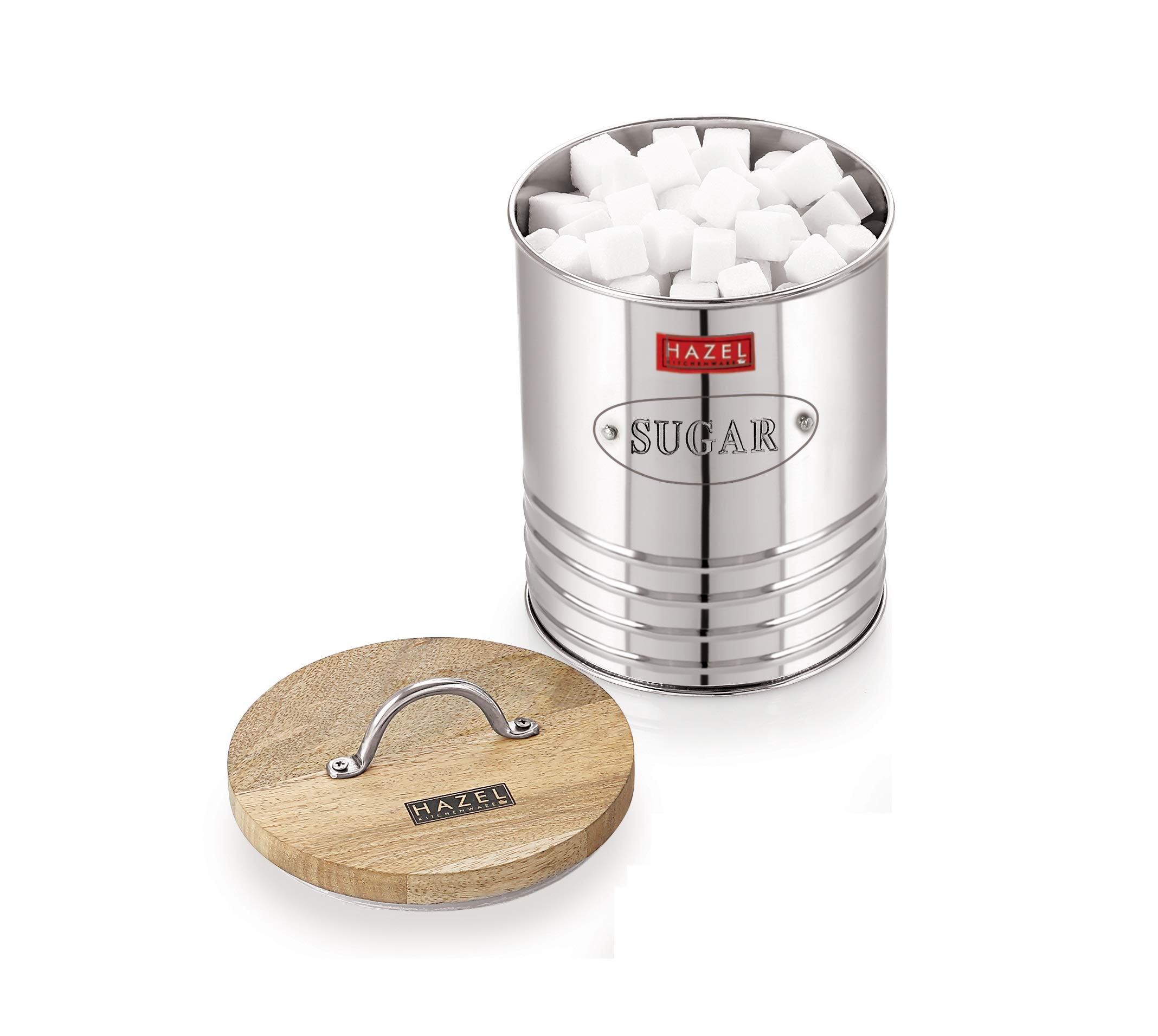 HAZEL Stainless Steel Sugar Storage Jar Container With Wood Lid, 2250 ML, Silver
