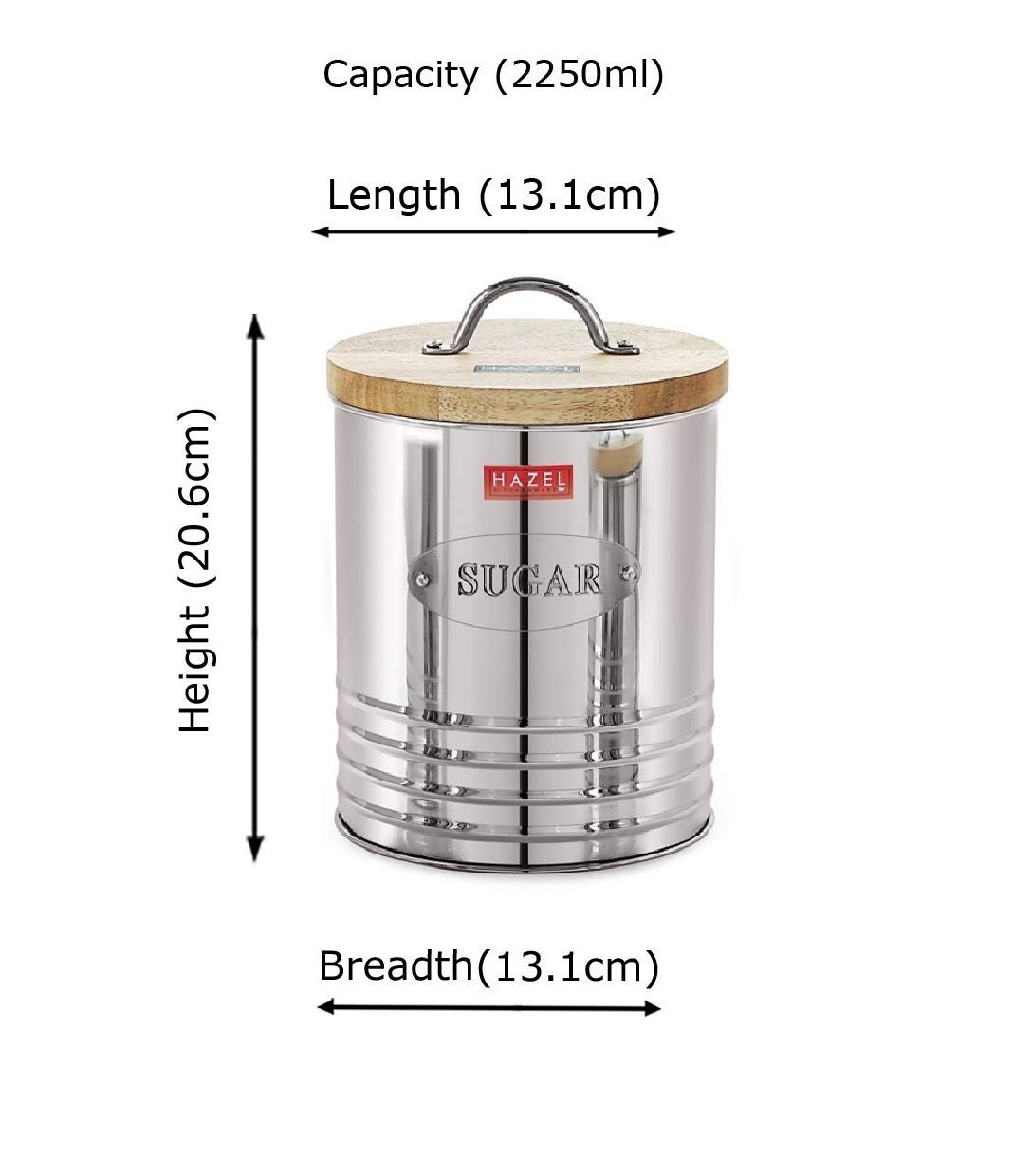 HAZEL Stainless Steel Sugar Storage Jar Container With Wood Lid, 2250 ML, Silver