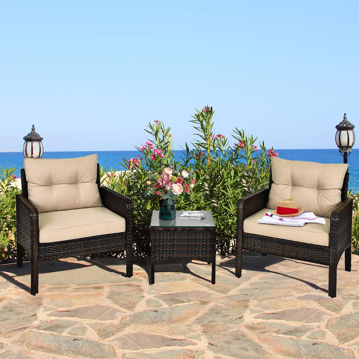 DORTALA 3 Piece Patio Furniture Set, Outdoor Rattan Wicker Conversation Set with Cushions, Glass Top Coffee Table for Garden Balcony Poolside, Brown
