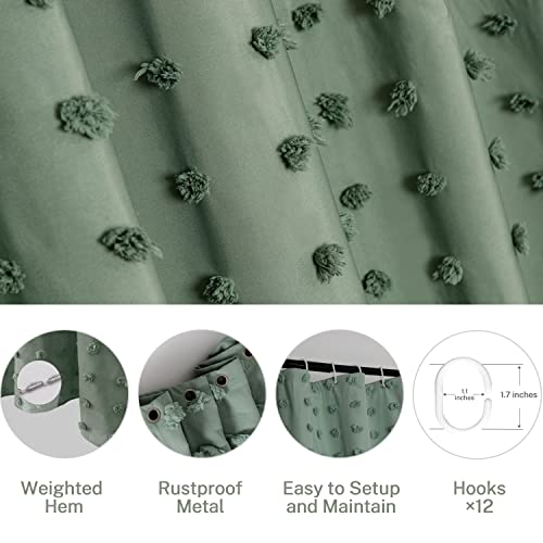 Siiluminisoy Green Boho Shower Curtain Woven Fabric Cute Shower Curtain, 72 x 72 Tufted Pleat Floral Textured Modern Farmhouse Minimalist Shower Curtain Set with Hooks for Bathroom