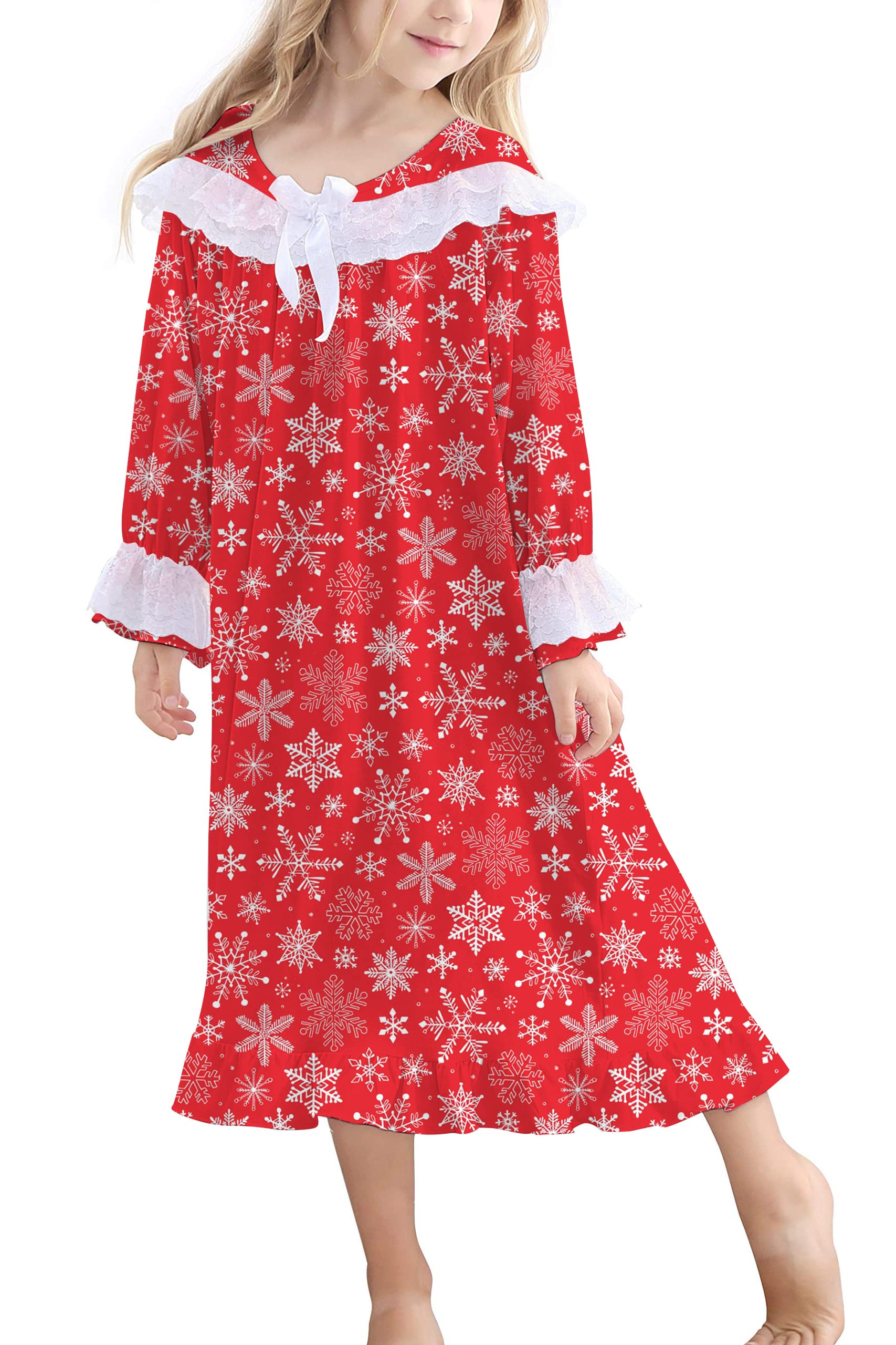 Girl Christmas Nightgown 6-7T Snowflake Red Xmas Nightdress for Kids Lightweight Warm Sleepwear Long Sleeve