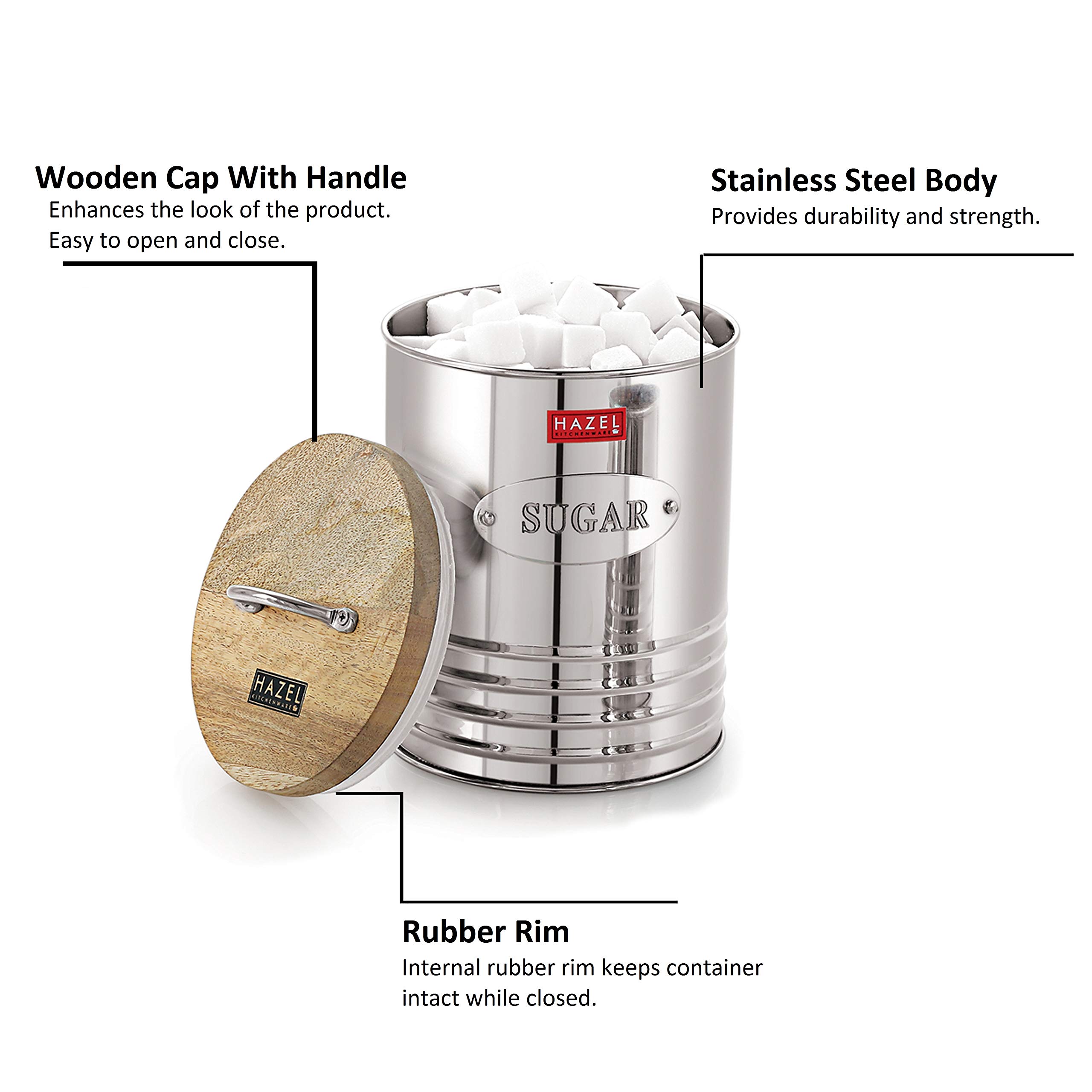 HAZEL Stainless Steel Sugar Storage Jar Container With Wood Lid, 2250 ML, Silver