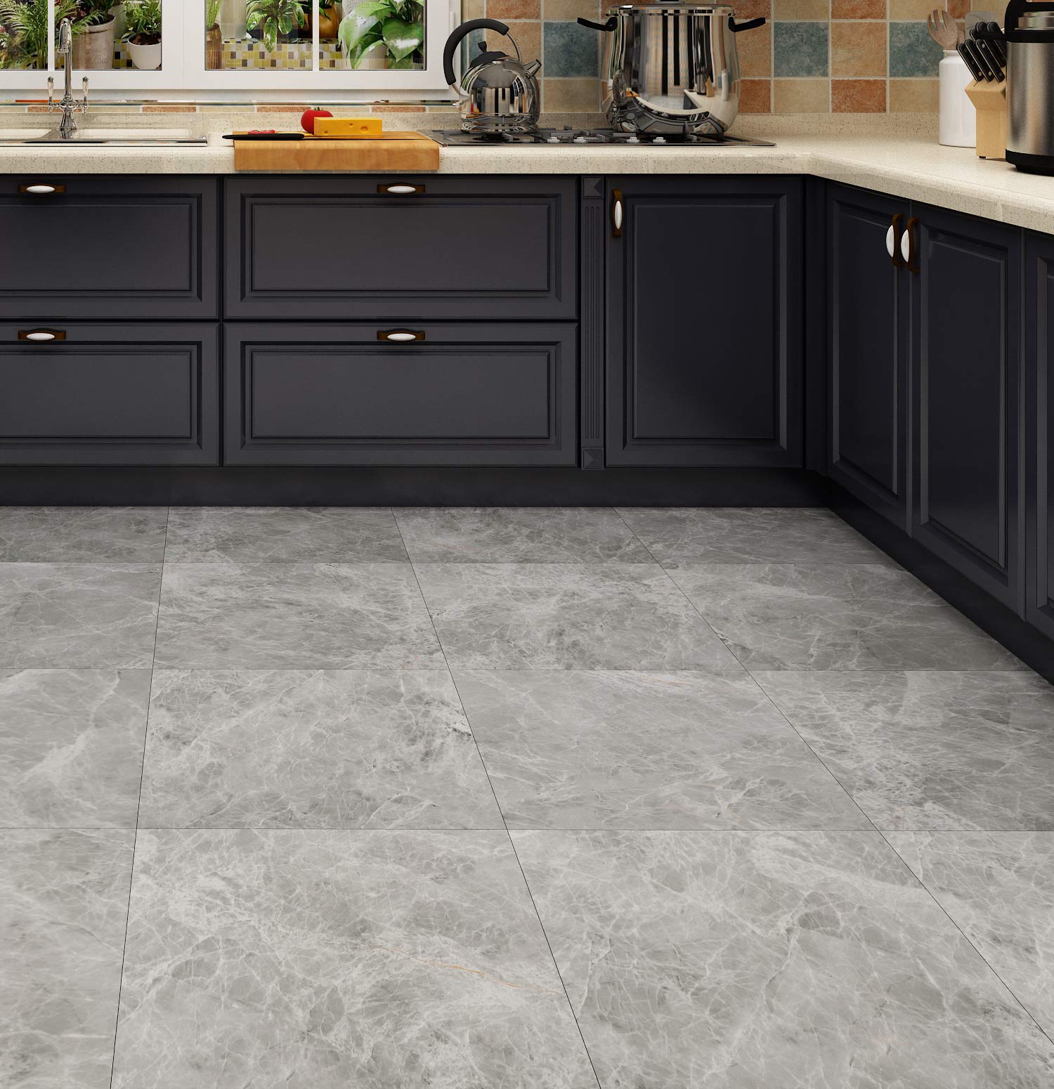 Livelynine Peel and Stick Floor Tile 12X12 Inch Grey Concrete Vinyl Flooring Peel and Stick Tile for Kitchen Flooring Bathroom Lamiante Flooring Waterproof Linoleum Flooring Tiles Sticky, 4 Pack