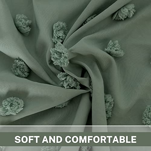 Siiluminisoy Green Boho Shower Curtain Woven Fabric Cute Shower Curtain, 72 x 72 Tufted Pleat Floral Textured Modern Farmhouse Minimalist Shower Curtain Set with Hooks for Bathroom