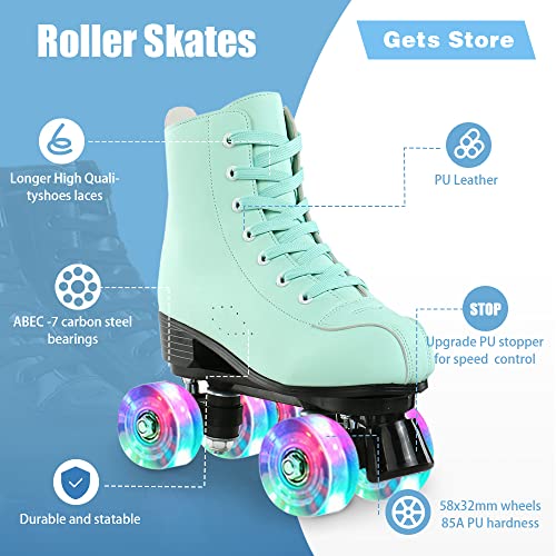Roller Skate Shoes for Women Men,PU Leather High-top Double-Row 4 Wheel Roller Skates for Beginner, Unisex Indoor Outdoor Roller Skates with Shoes Bag (Flash wheel,43)