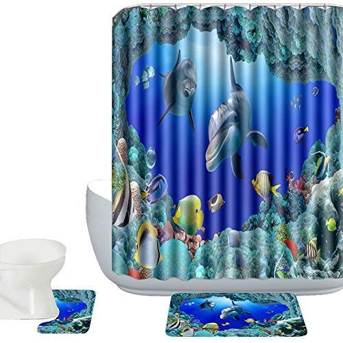 Amagical 3 Piece Ocean Style Underwater World Dolphin Bathroom Mat Contour Mat Fabric Shower Curtain Bathroom Shower Curtain Sets with 12 Hooks