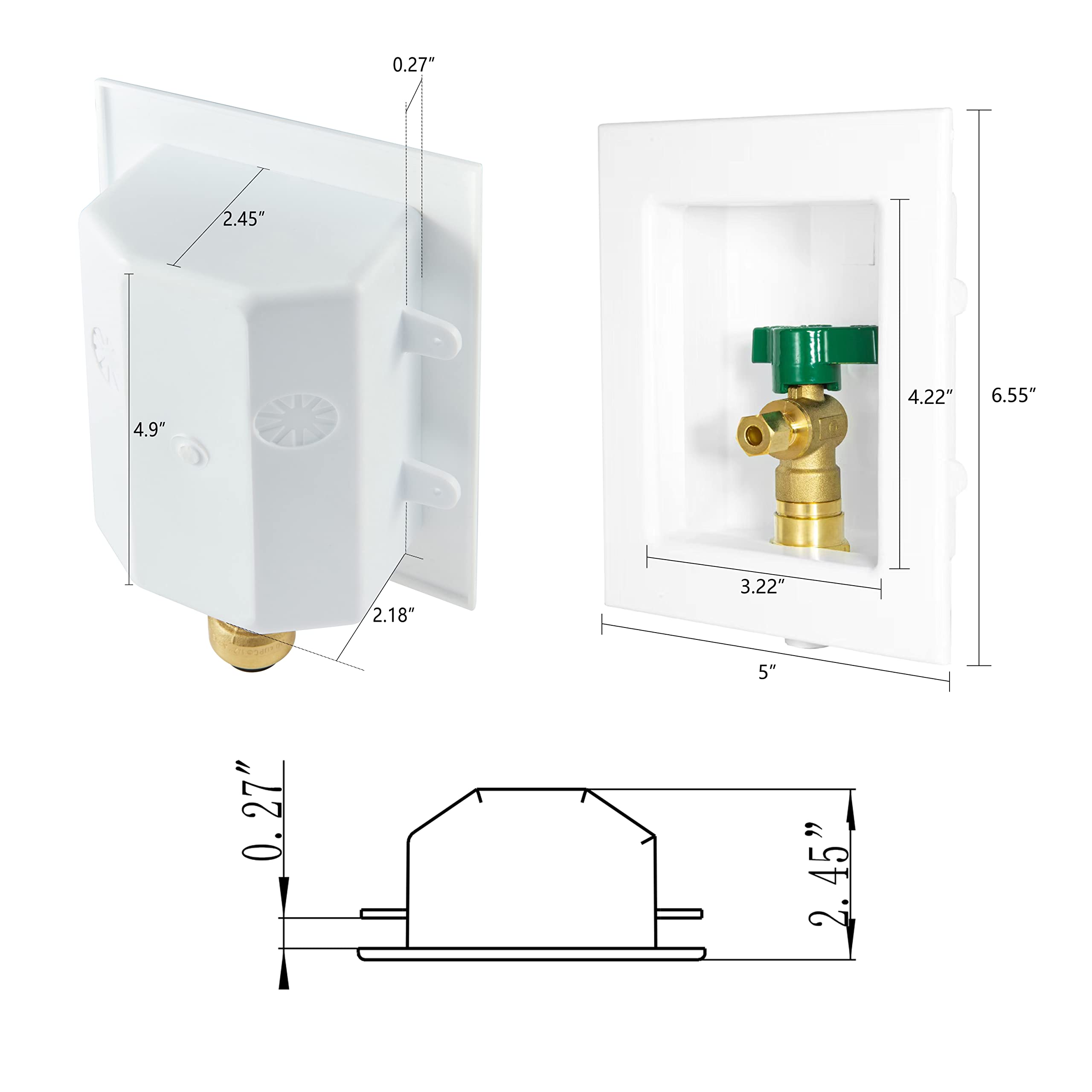 EFIELD Pex Pre-assembled Ice Maker Outlet Box, 1/2-Inch Pex F1807 Crimp with Installed 1/4-Turn Ball Valve, White
