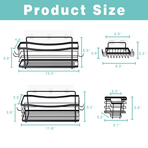 Virgorack Stainless Steel Adhesive Shower Caddy, Bathroom Basket Shelf with Soap and Toothbrush Holder, Wall Mounted No Drilling Storage Organizer Racks with Hooks (Black 4 Pack)