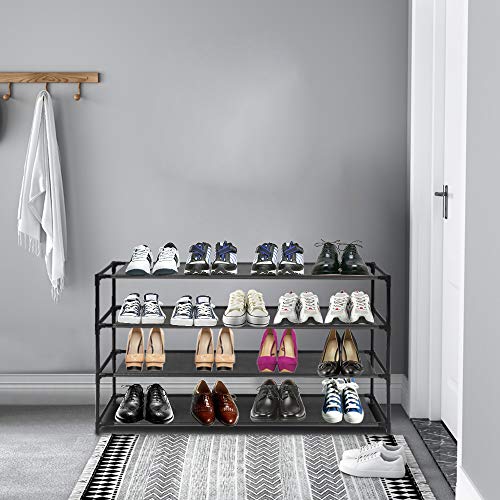 Karl home 4-Tier Shoe Rack, Stackable Shoe Shelf Storage Organizer, Non-Woven Fabric Free Standing Shoe Closet for Entryway Bedroom Doorway Hallway Black