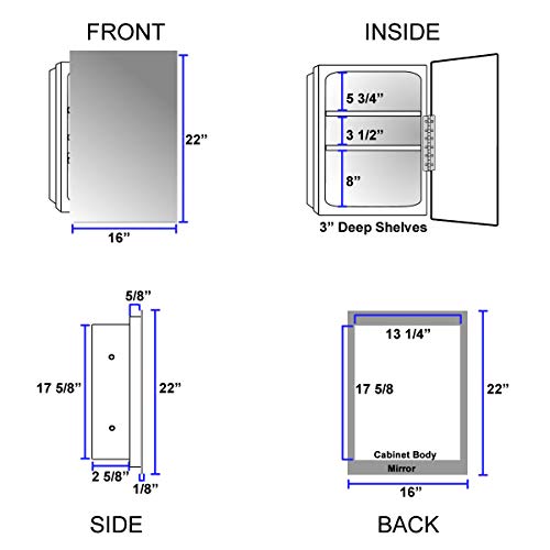 Mirrors and More 16" x 22" Medicine Cabinets for Bathroom with Mirror - Frameless Pencil Edge, Recessed, Modern Home Décor, Polish Edge, Non Adjustable Shelves
