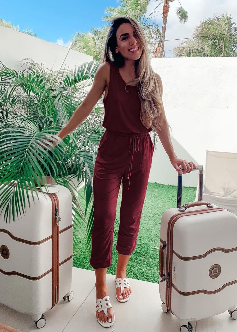 PRETTYGARDEN Women's Two Piece Outfit Sets Casual Summer Sleeveless Crewneck Tops and Sweatpants Active Tracksuit Lounge Wear (Wine Red,Medium)
