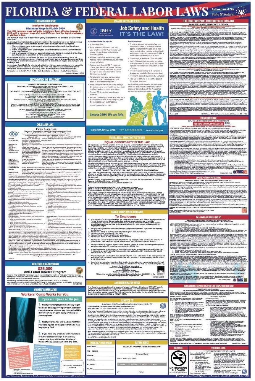 2023 Florida State and Federal Combo Complete All-in-One Labor Law Poster - OSHA Compliant - 26"x39" Waterproof UV Coated