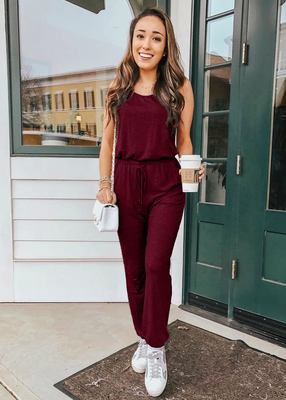 PRETTYGARDEN Women's Two Piece Outfit Sets Casual Summer Sleeveless Crewneck Tops and Sweatpants Active Tracksuit Lounge Wear (Wine Red,Medium)
