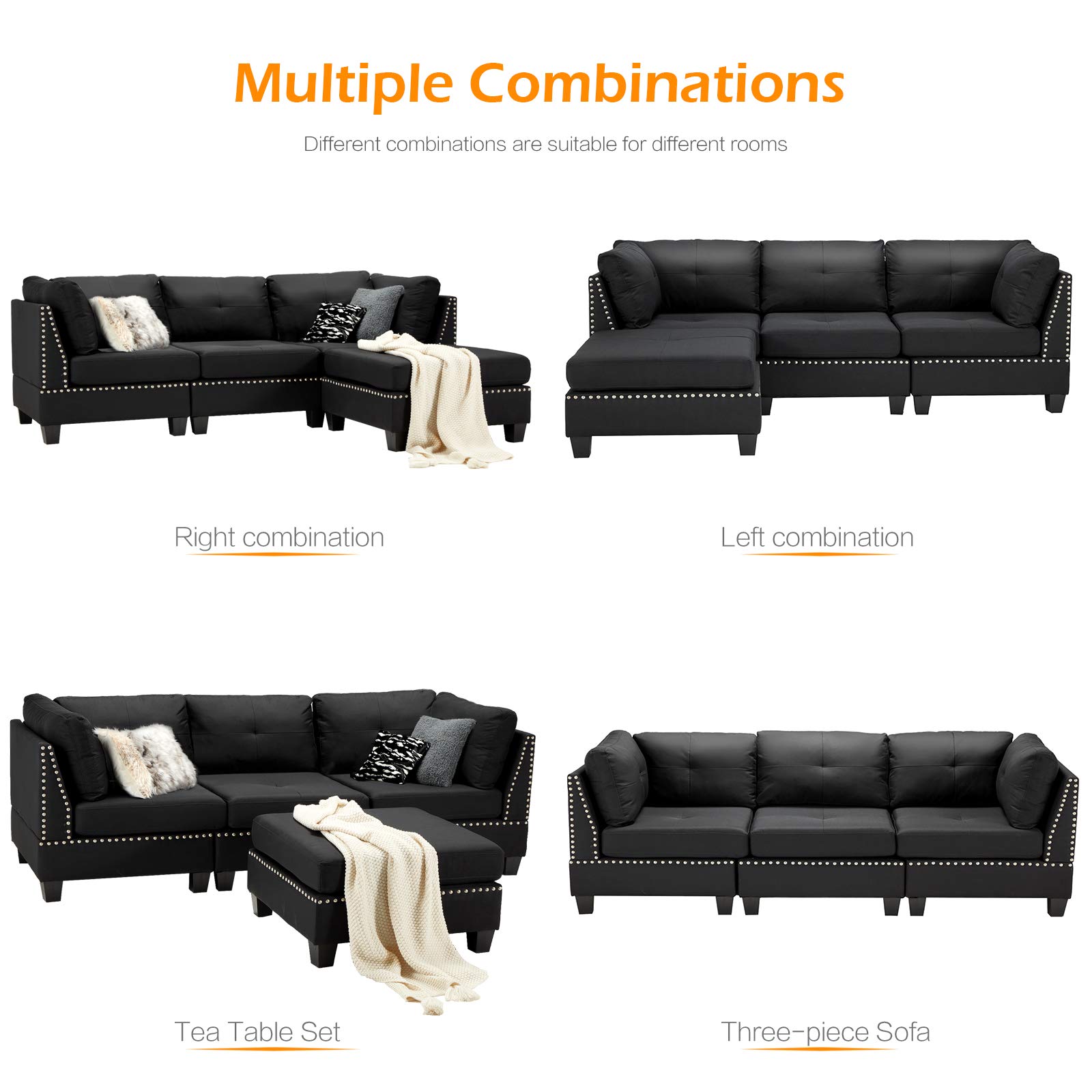 Esright 88.6” Convertible Sectional Sofa Couch with Ottoman, Modern Tufted Linen Fabric L-Shaped Couch with Reversible Chaise, Suitable for Office,Living Room and Hotel Lobby, Black