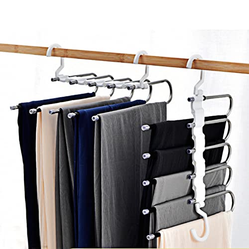 Pants Hangers Space Saving-2 Pack Stainless Steel Multifunctional Uses Rack Organizer-5 Tier No Slip Collapsible Pant Rack for Pants,Jeans,Scarf,Trouser,Towel,Clothes
