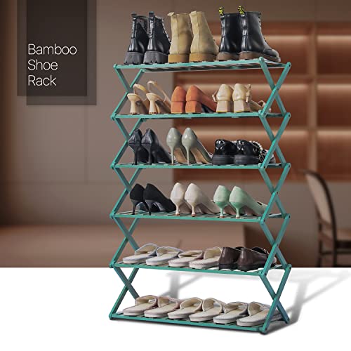 MoNiBloom Folding Shoe Rack for Entryway, Bamboo 6 Tier Stackable Installation-Free Shoe Storage Cabinet for 21-25 Pairs For Boots Heels Sandals Slippers, Green