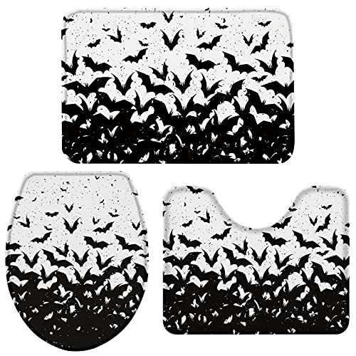 Fancyine 3 Pieces Bath Rugs Sets Halloween Spooky Flying Bats Soft Non-Slip Absorbent Toilet Seat Cover U-Shaped Toilet Mat for Bathroom Decor Black White