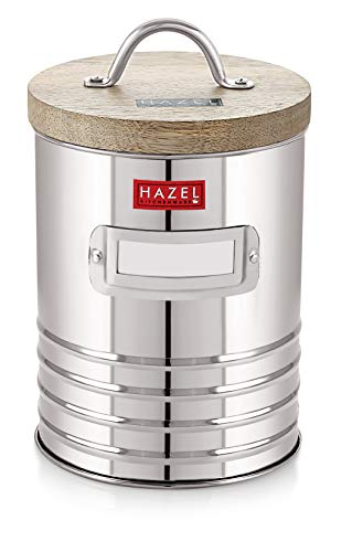 HAZEL Stainless Steel Storage Jar Container With Wood Lid, Set of 3, 1400 ML, Silver