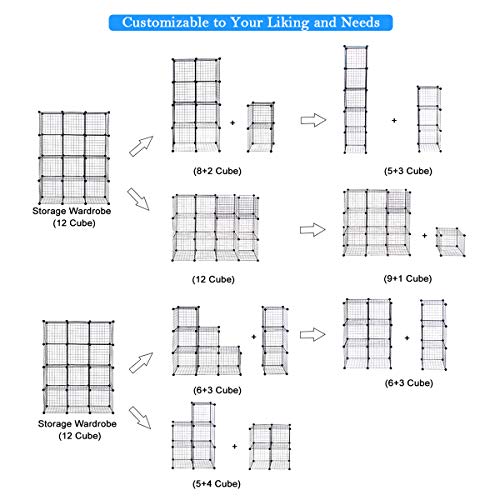 NAFORT 12-Cube Metal Grid Storage Rack, Stackable Free Standing Storage Organizer, DIY Cabinet Bookshelf, Easy to Assemble, 56β L x 14β W x 56β H(Black)