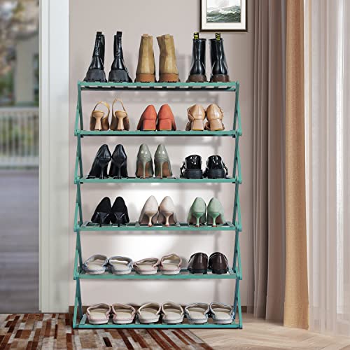 MoNiBloom Folding Shoe Rack for Entryway, Bamboo 6 Tier Stackable Installation-Free Shoe Storage Cabinet for 21-25 Pairs For Boots Heels Sandals Slippers, Green
