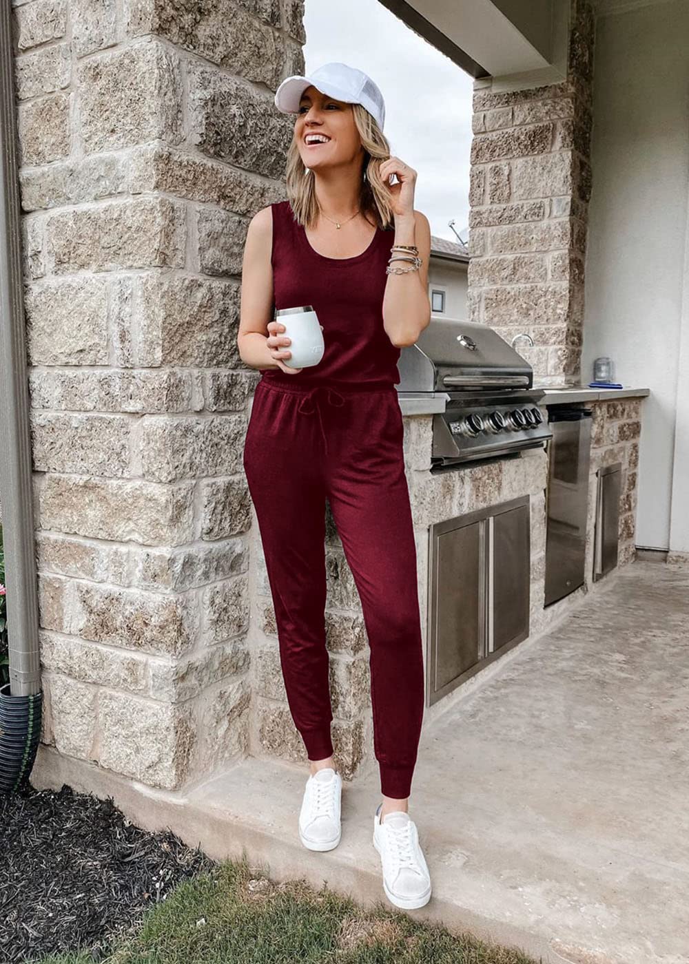 PRETTYGARDEN Women's Two Piece Outfit Sets Casual Summer Sleeveless Crewneck Tops and Sweatpants Active Tracksuit Lounge Wear (Wine Red,Medium)
