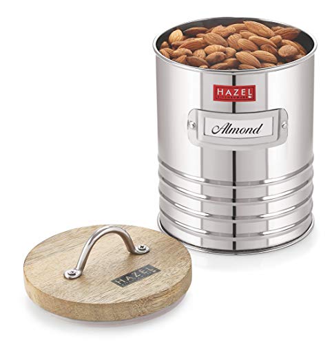 HAZEL Stainless Steel Storage Jar Container With Wood Lid, Set of 3, 1400 ML, Silver